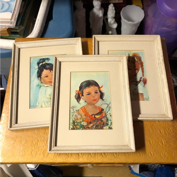 Vintage | Art | Vintage Trio Of 3 Small Framed Prints Of 3 Young Girls ...